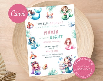 Editable Canva Mermaid Birthday Invitation, Pink Mermaid Invite, Under ...