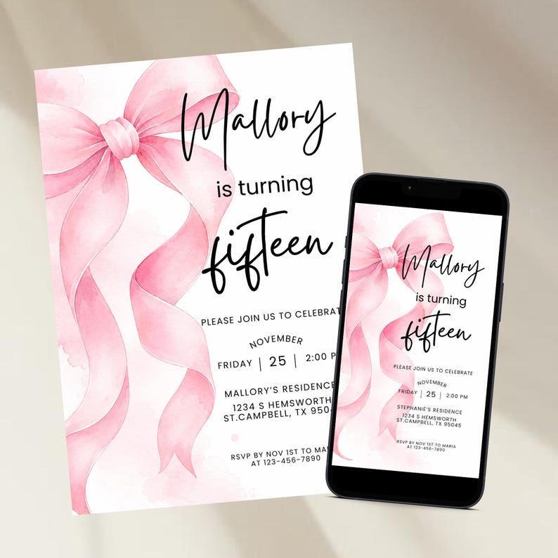 Pink Bow Birthday Invitation, Coquette Birthday Party Invite, Elegant ...