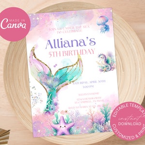 Editable Canva Mermaid Birthday Invitation, Pink Mermaid Invite, Under ...