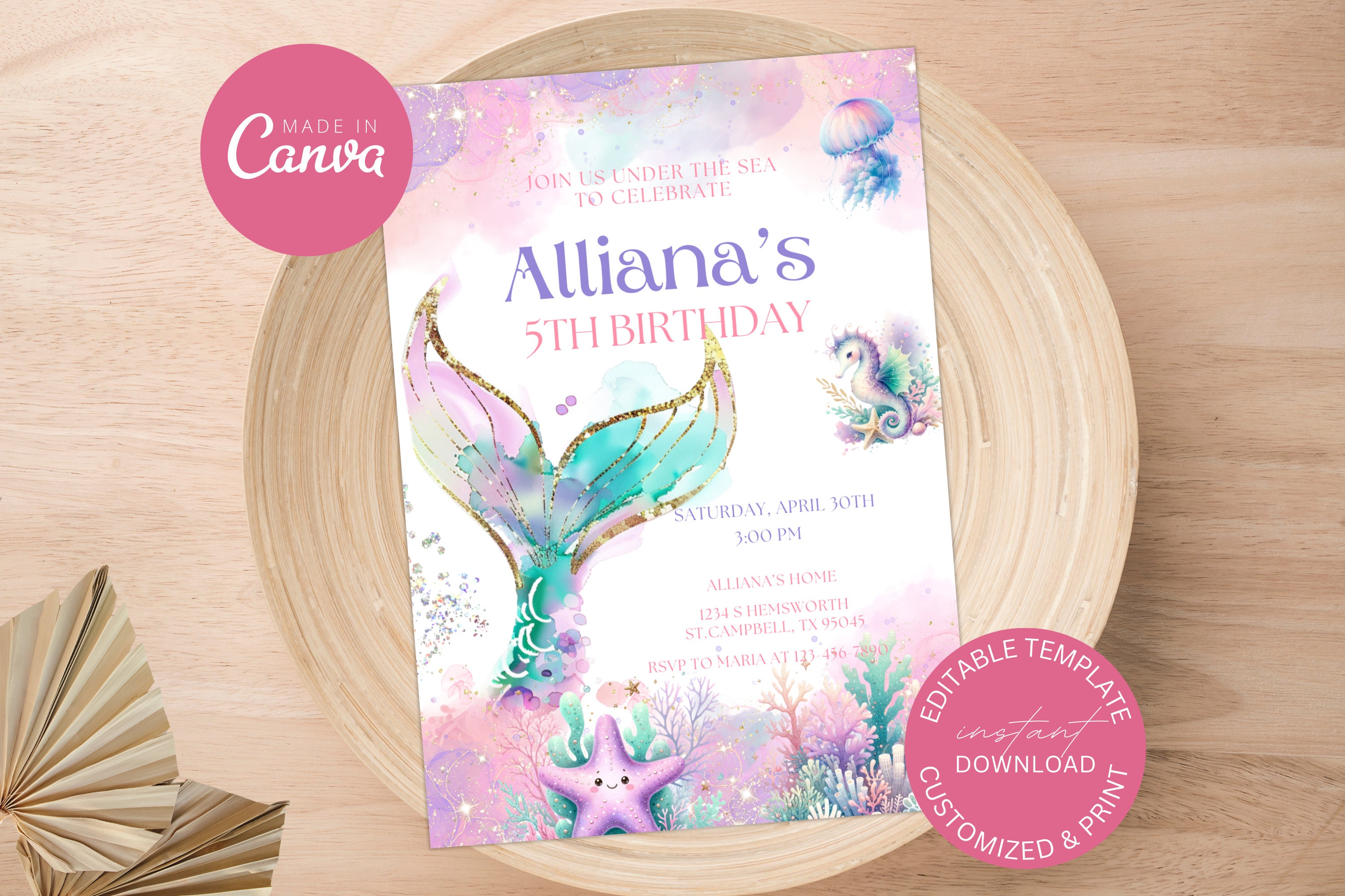 Editable Canva Mermaid Birthday Invitation, Pink Mermaid Invite, Under ...