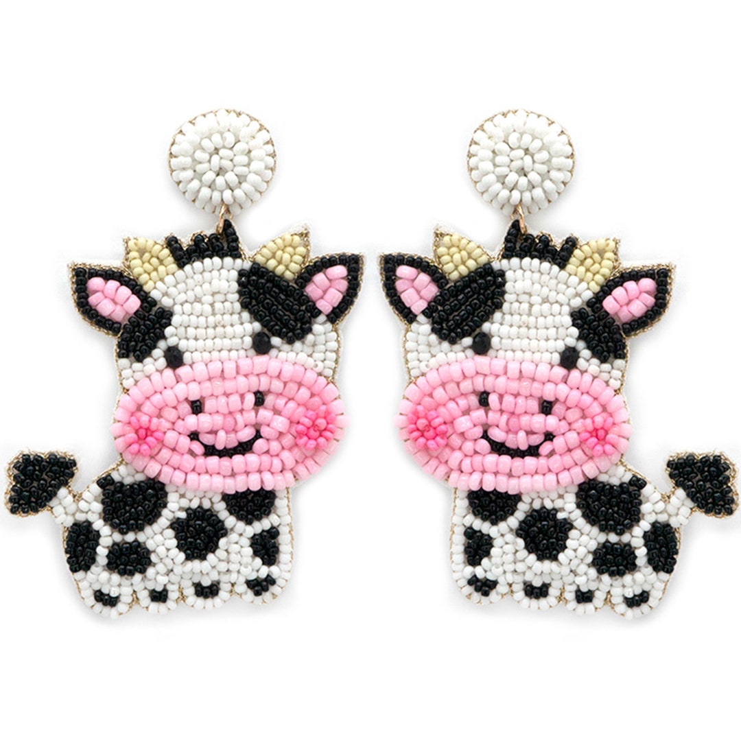 Whimsical Cow Delight: Seed Bead Cow Post Earrings Handcrafted Farm ...