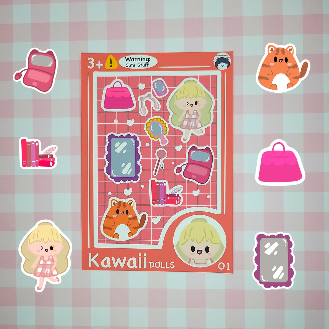 Cute Doll Kawaii Stickers Pink Aesthetic Decal, Colourful Paper Doll ...