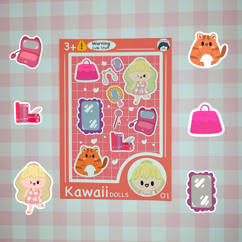 Cute Doll Kawaii Stickers Pink Aesthetic Decal, Colourful Paper Doll ...
