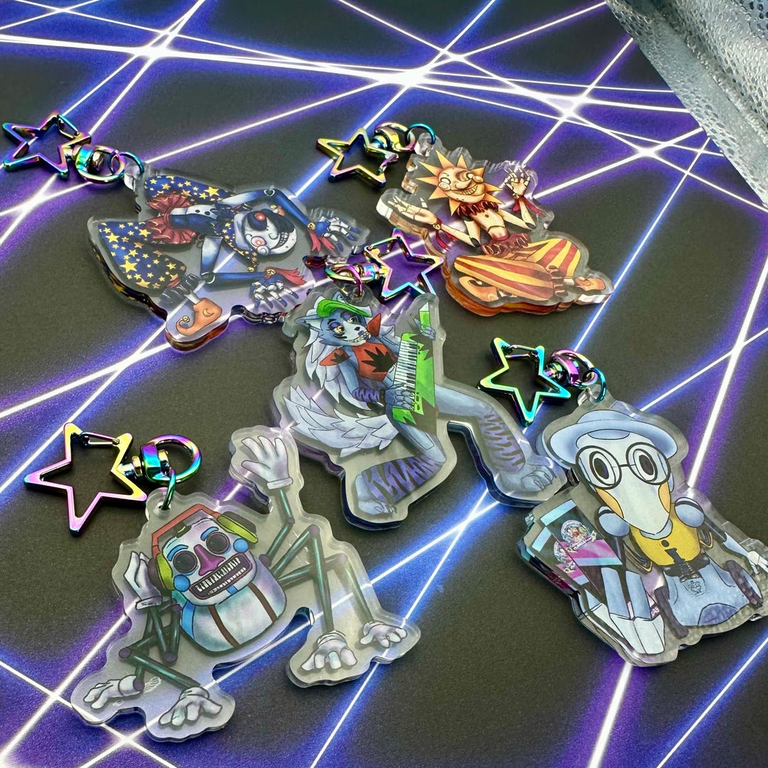 FNAF Keychains. 2.5" Acrylic Charms. Map Bot, Sundrop, Moon Drop, Dj ...