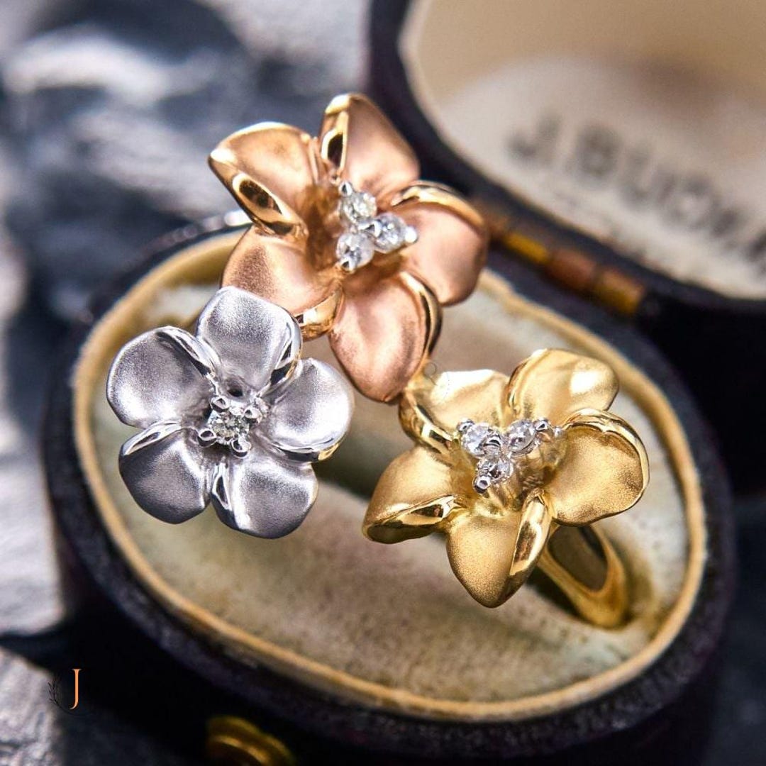 Plumeria Diamond Flower Engagement Ring Whimsical Diamond Flower Rings ...