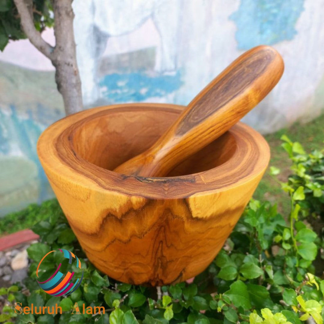 Teak Wood Cone Mortar and Pestle: Unique Fiber Pattern Wooden Grinding ...