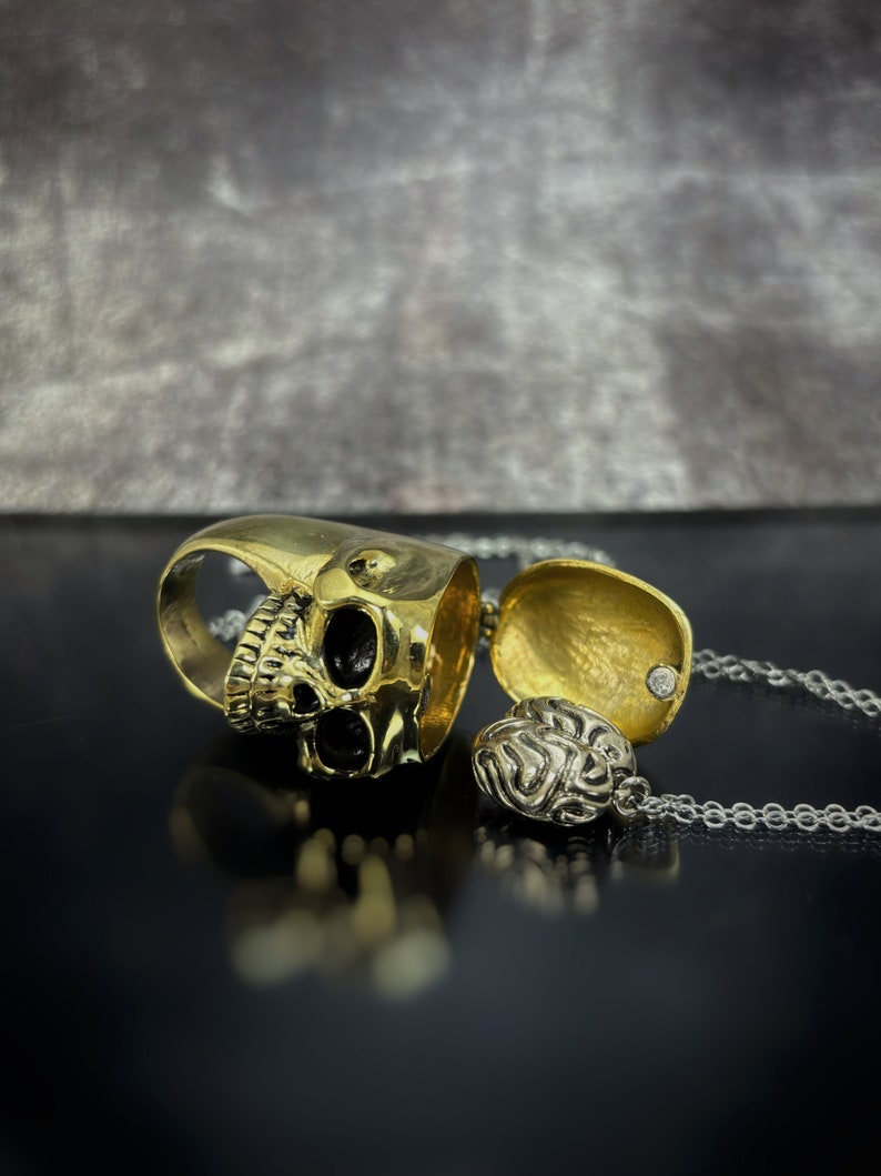 Brass Skull Ring and White Bronze Brain Pendant Necklace. Available in ...
