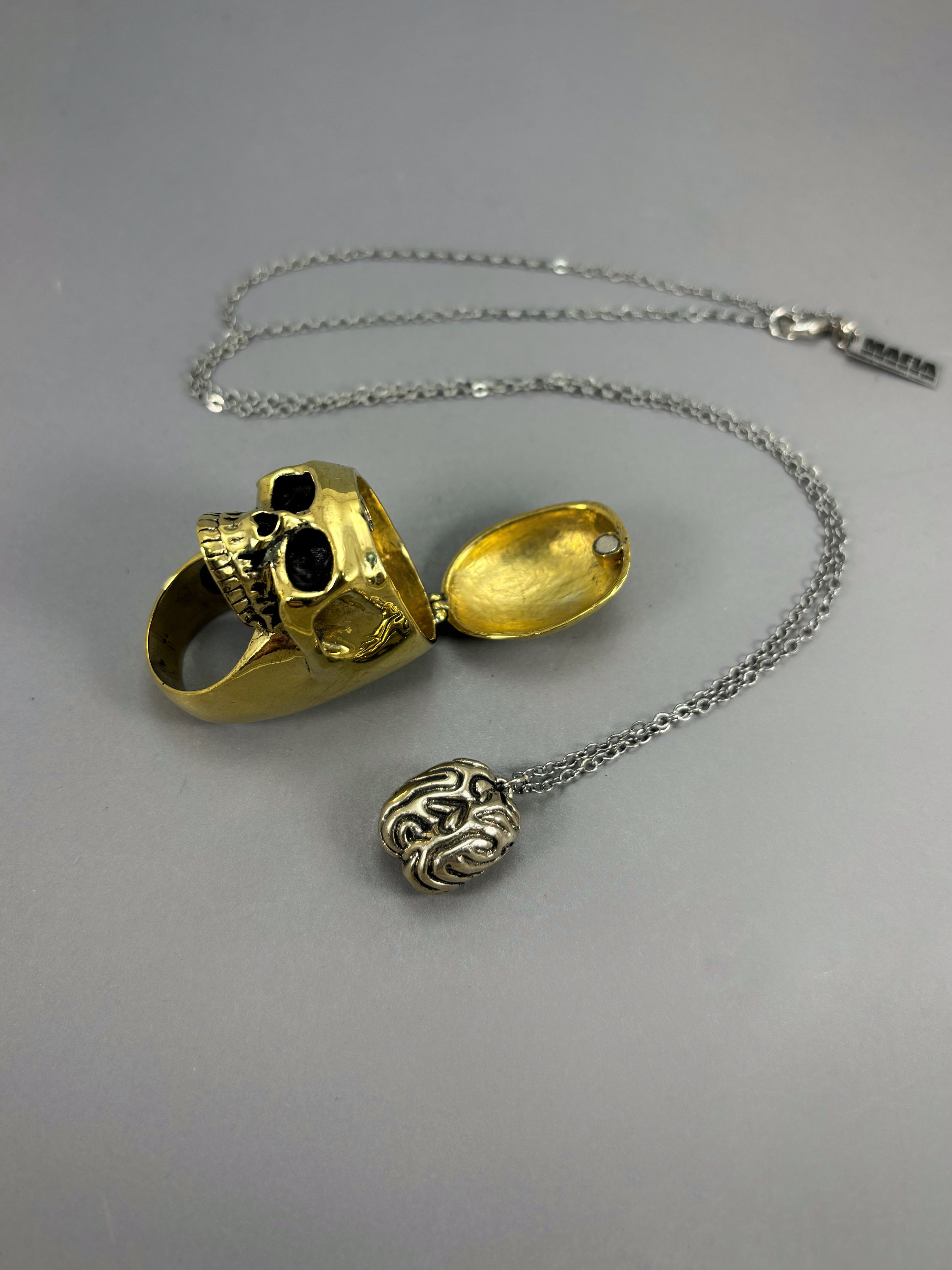 Brass Skull Ring and White Bronze Brain Pendant Necklace. Available in ...
