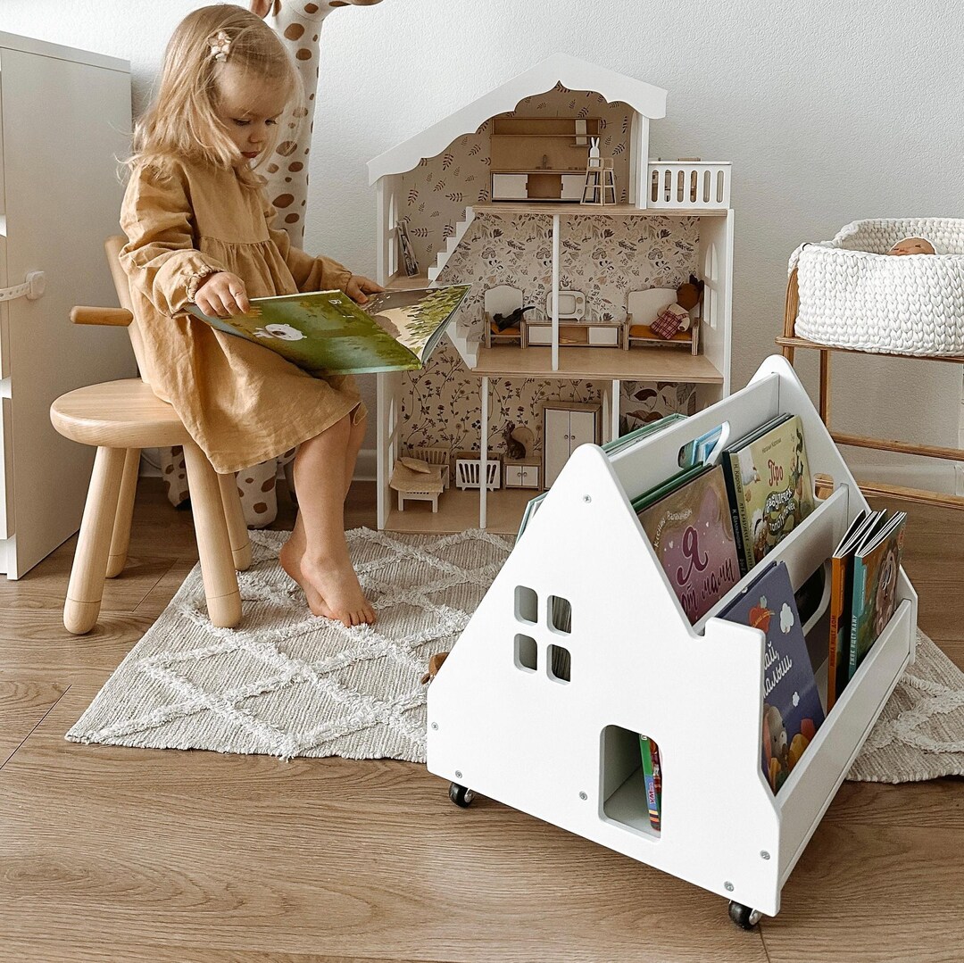 Children's Wooden Floor Shelf for Books House Shaped on Wheels, Total ...