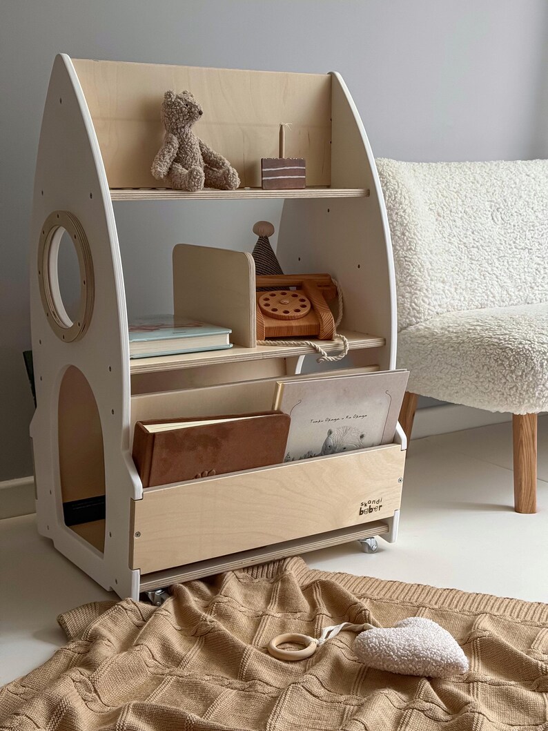 Rolling Kids "rocket" Bookcase on Wheels With Magnetic Board, White and ...