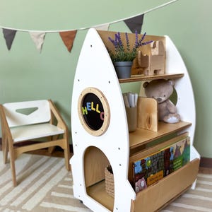 Rotating Rocket Rack for Kids Books and Toys With Magnetic Drawing ...