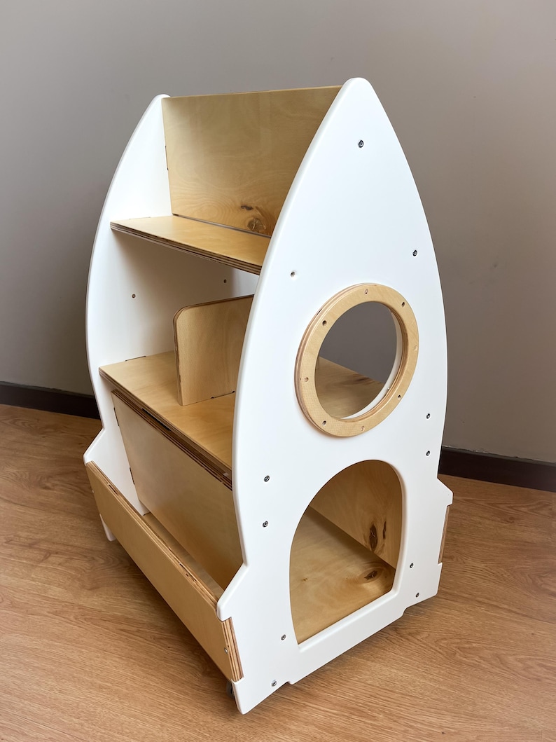 Rolling Kids Rocket Bookcase on Wheels With Magnetic Board, White and ...