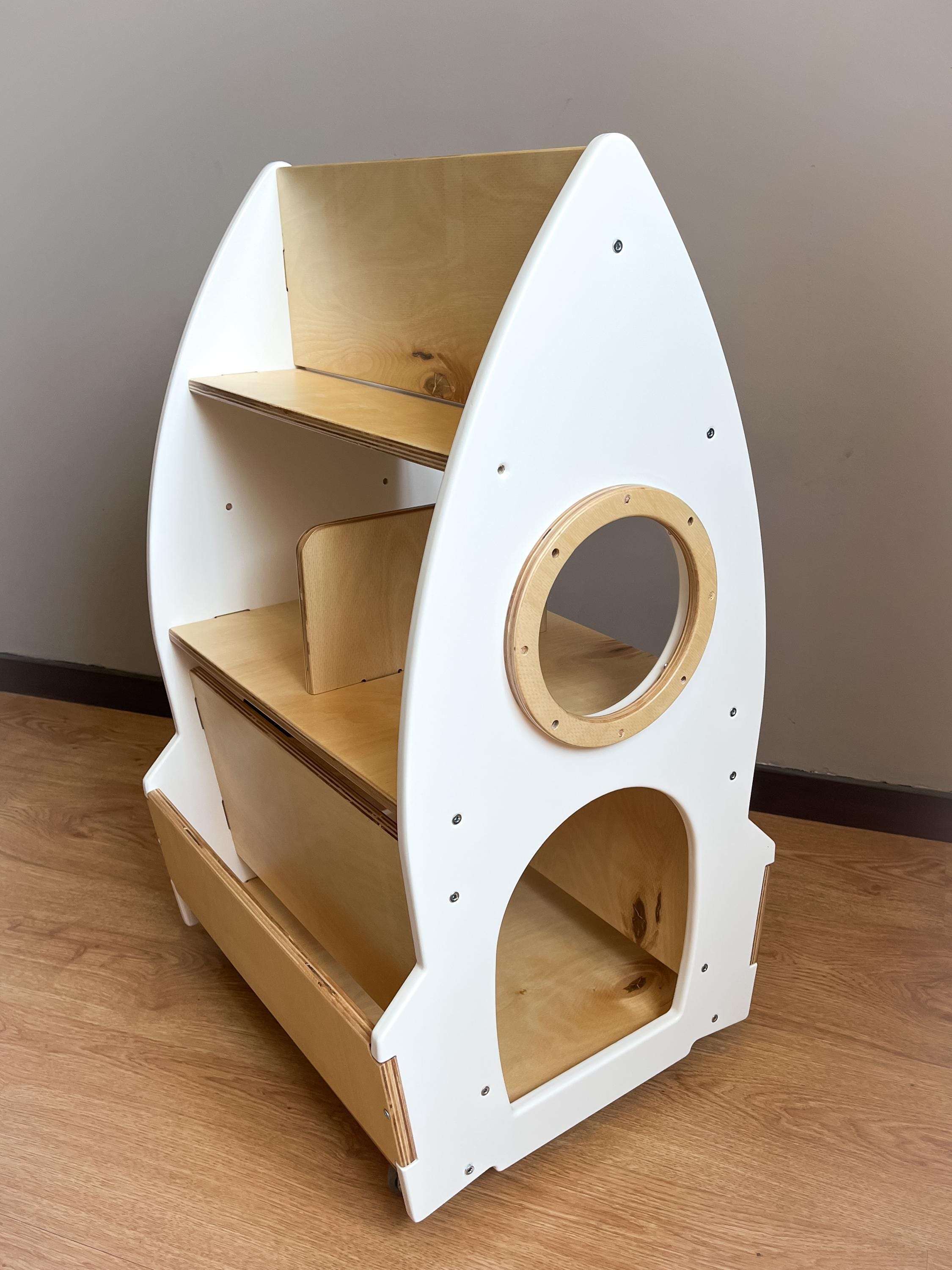 Rolling Kids "rocket" Bookcase on Wheels With Magnetic Board, White and ...