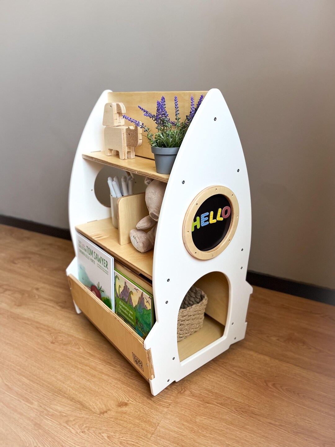 Rotating Rocket Rack for Kids Books and Toys With Magnetic Drawing ...