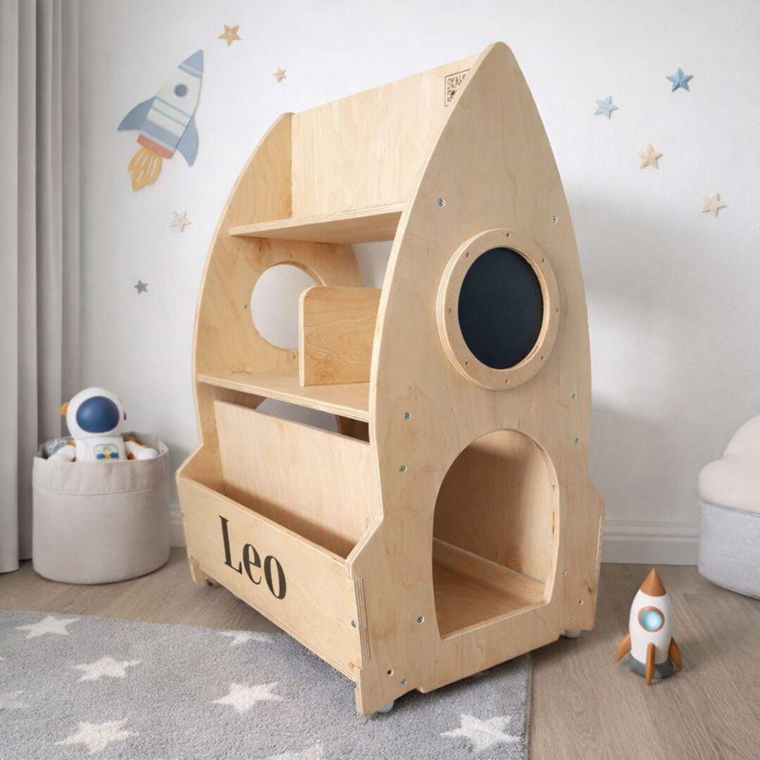 Personalized Kids Rocket Bookcase With Magnetic Board on Wheels, Made ...