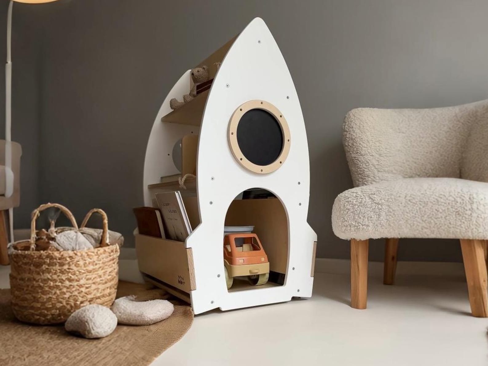 Rolling Kids "rocket" Bookcase on Wheels With Magnetic Board, White and ...