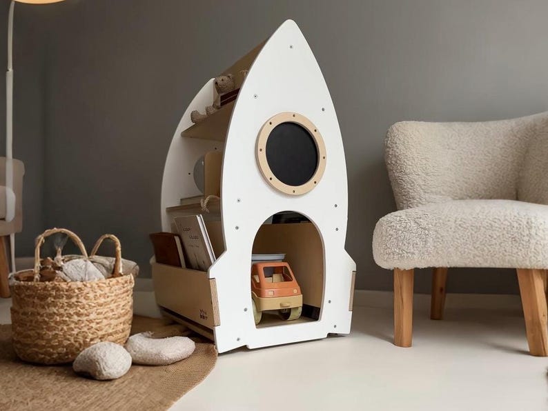 Rolling Kids "rocket" Bookcase on Wheels With Magnetic Board, White and ...