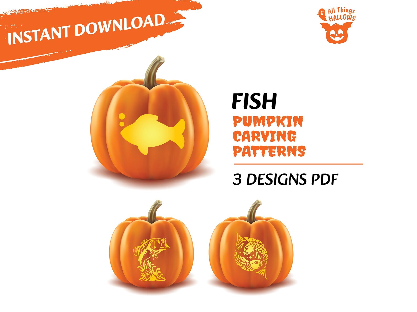 FISH Pumpkin Carving Stencil Template Patterns 3 Aquatic Themed Pumpkin ...