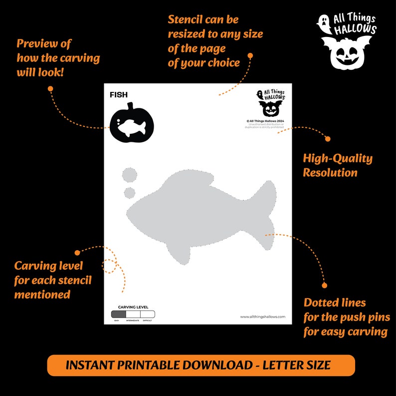FISH Pumpkin Carving Stencil Template Patterns 3 Aquatic Themed Pumpkin ...