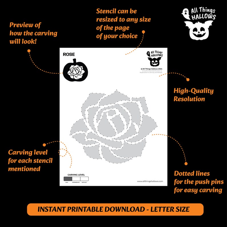 ROSE Pumpkin Carving Stencil Template Patterns Flower Themed Instant ...