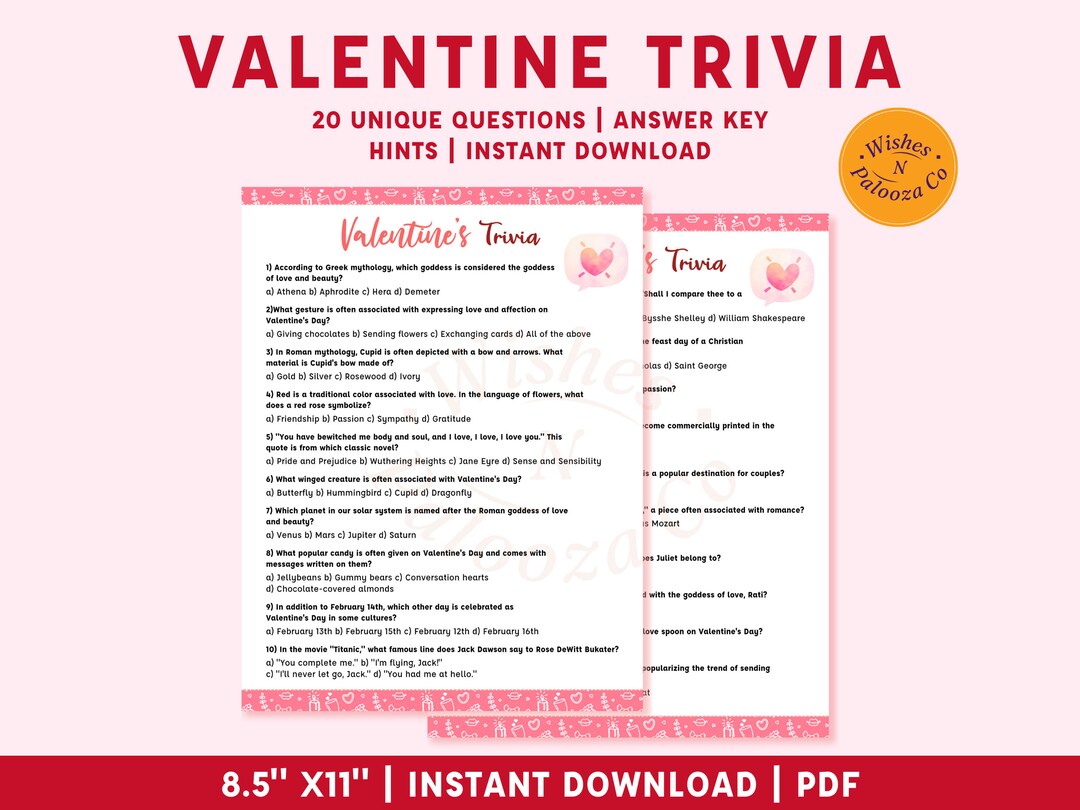 Valentines Day Trivia Quiz Game, Valentine Day Party Game for Kids, 20 ...