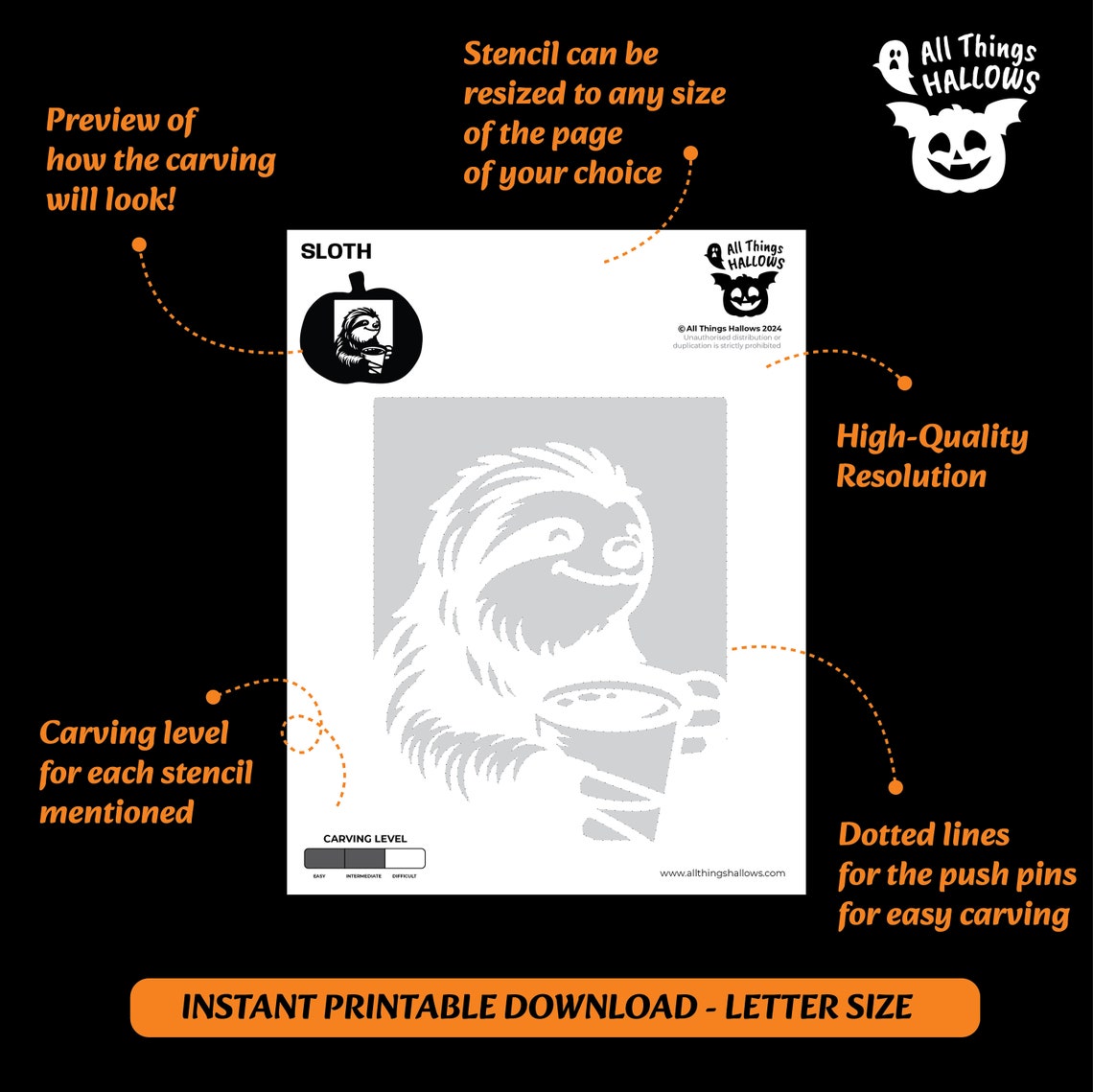 SLOTH Pumpkin Carving Stencil Template Patterns Animal Themed Instant ...