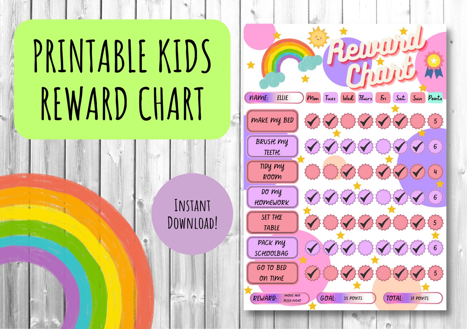 Printable Reward Chart Kids Routine Chart Pink Purple - Etsy