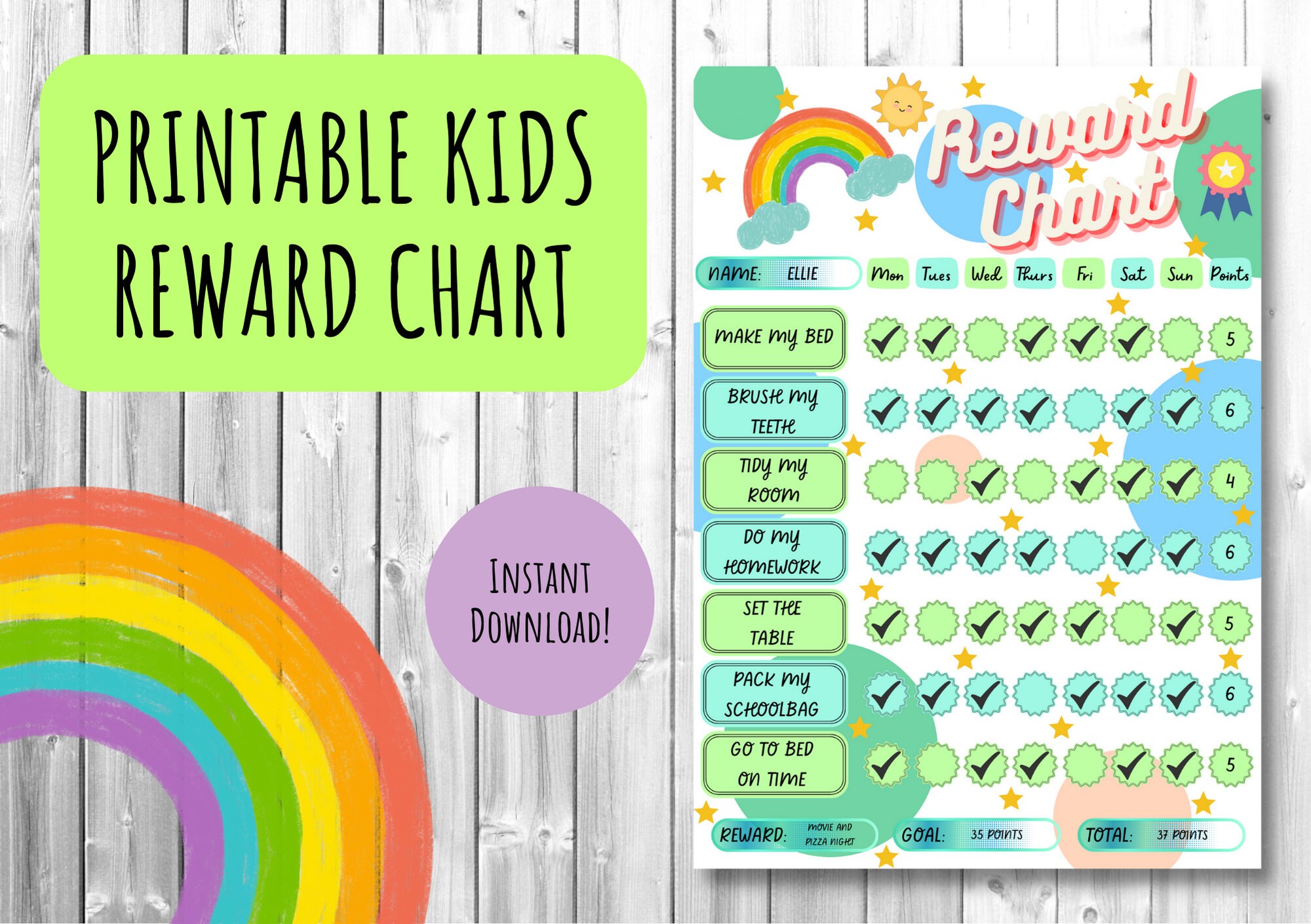Printable Reward Chart Kids Routine Chart Green Blue - Etsy