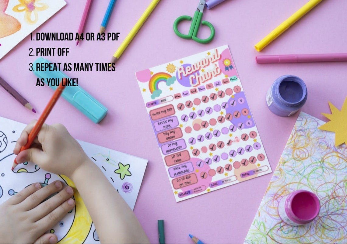 Printable Reward Chart Kids Routine Chart Pink Purple - Etsy