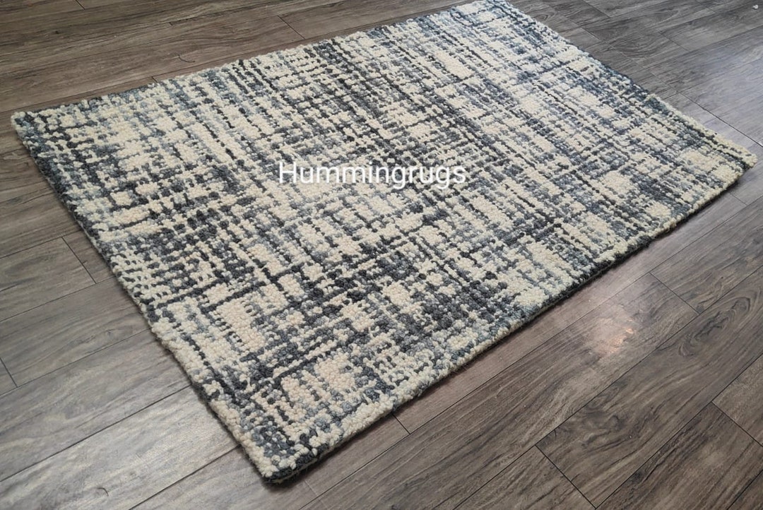 Charcoal Blue White Over Tuft Handtufted Loop Pile With 100% Wool Very ...