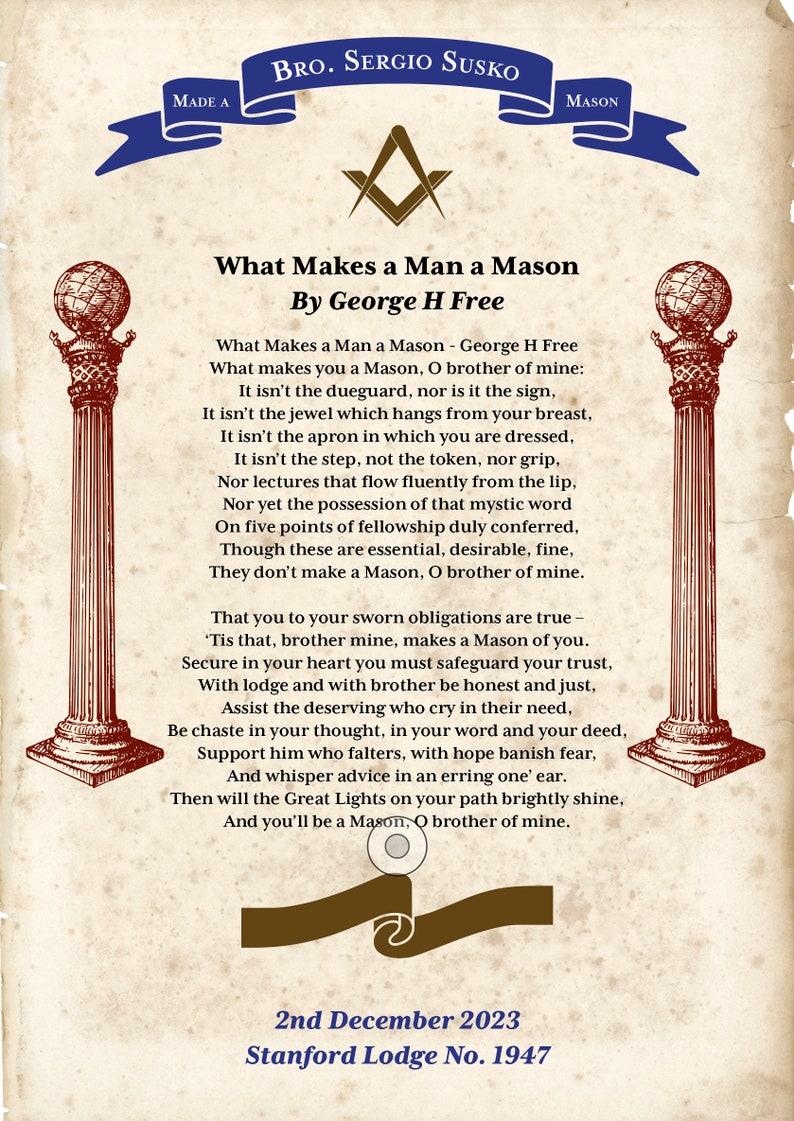 Personalised Masonic Poem Print: Freemason Gift, for New Masons, Master ...
