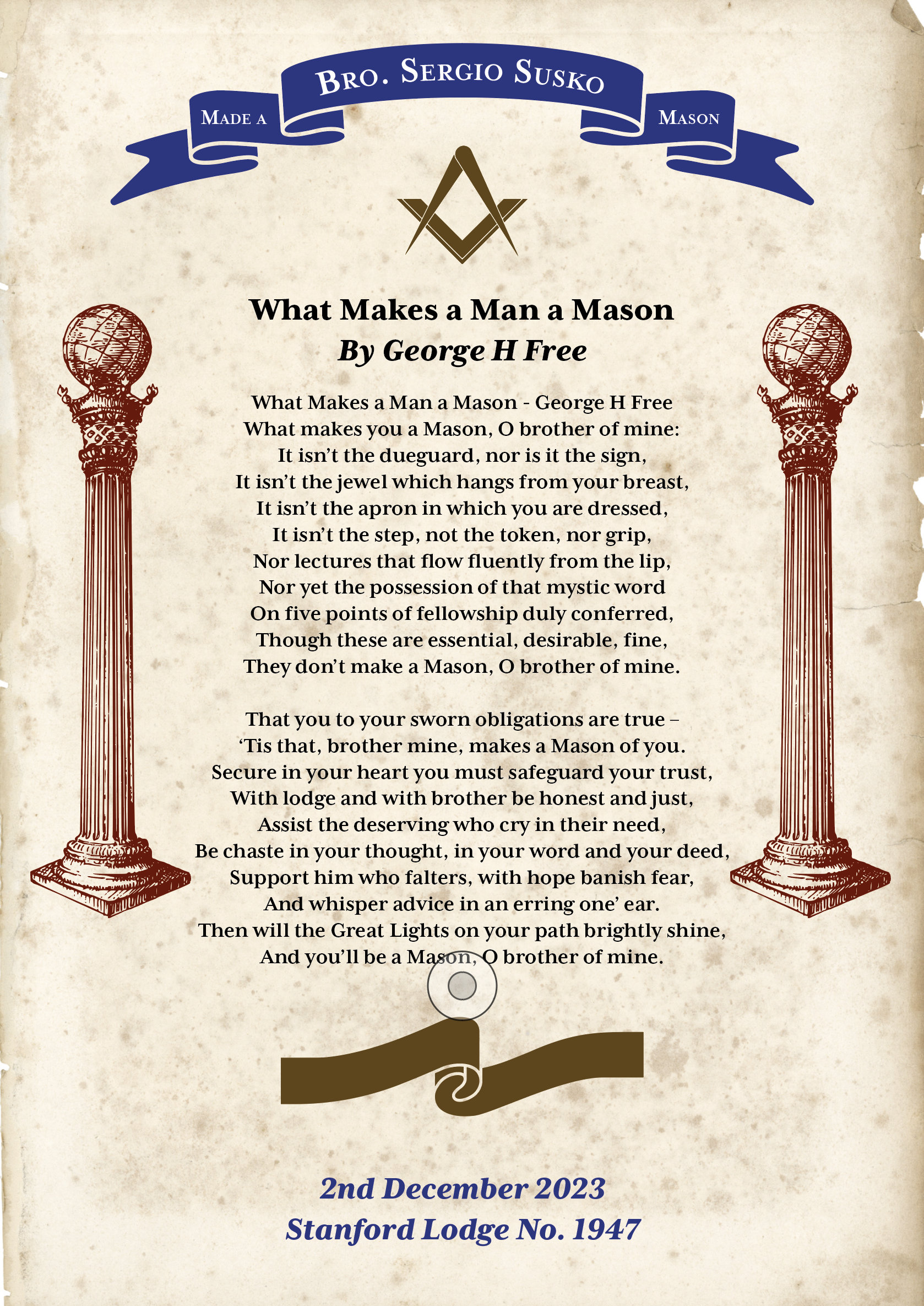 Personalised Masonic Poem Print: Freemason Gift, for New Masons, Master ...
