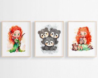 Merida and Brothers Poster Merida the Brave Art Print Wall Decor Kids ...
