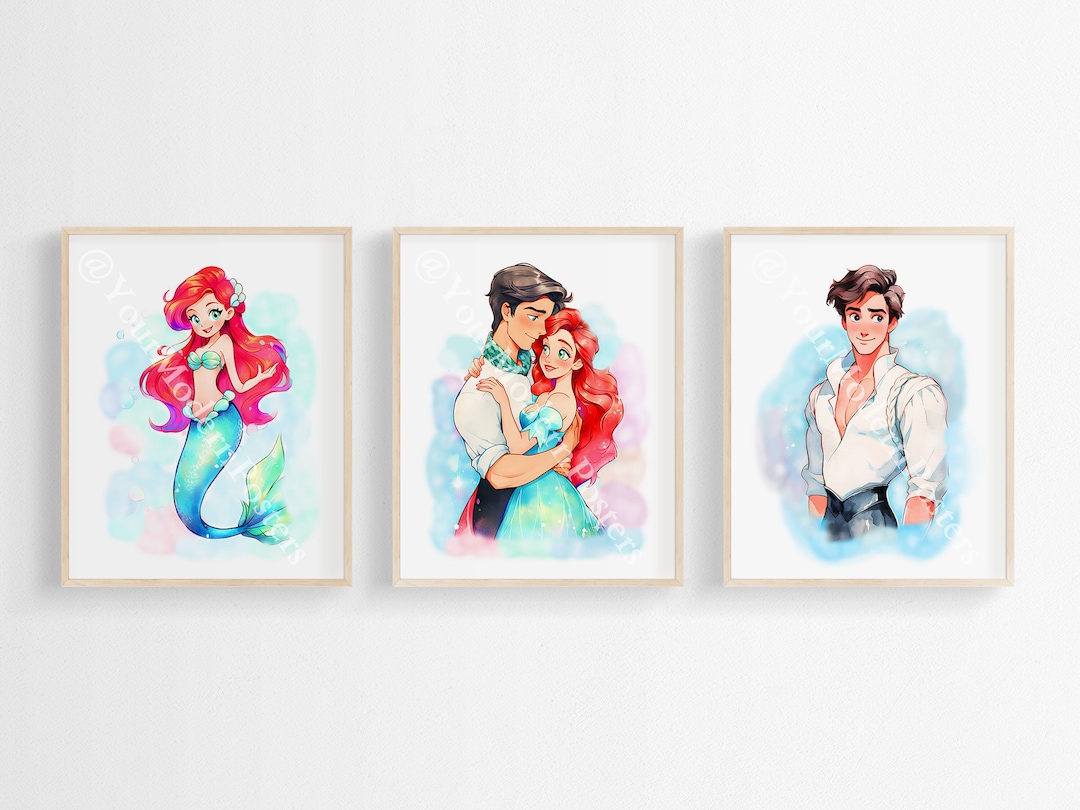 Set of 3 Little Mermaid Posters Cute Poster Prints Watercolor Painting ...