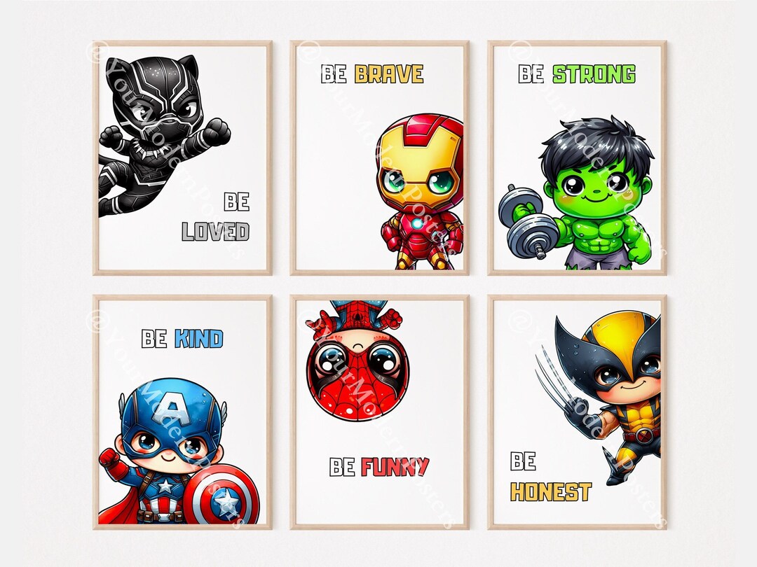 Set of 6 Cute Superhero Wall Art 'BE' Affirmations Kids Quote ...