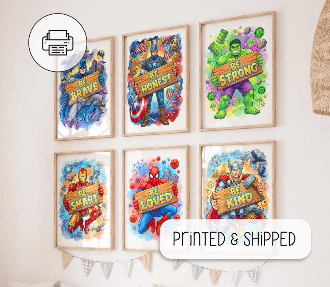 Set of 6 Colorful Superhero Wall Art - Boy Bedroom Decor - Kids ...