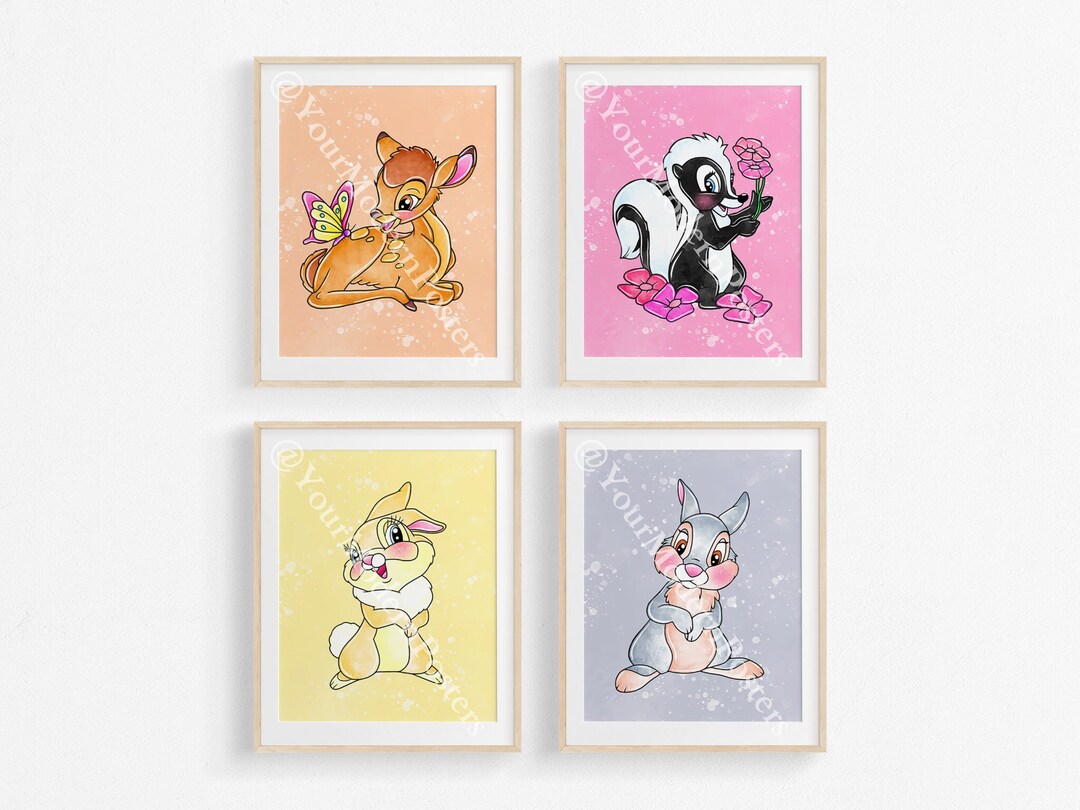 Cute Set of Bambi Characters, Watercolor Bambi Poster, Nursery Room Art ...