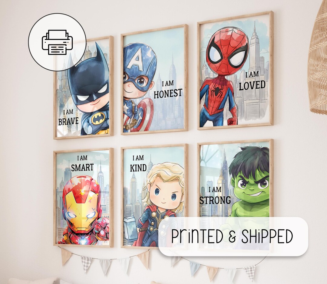 Superhero Poster Kids, Superhero Watercolor Nursery, Set of 6 Superhero ...