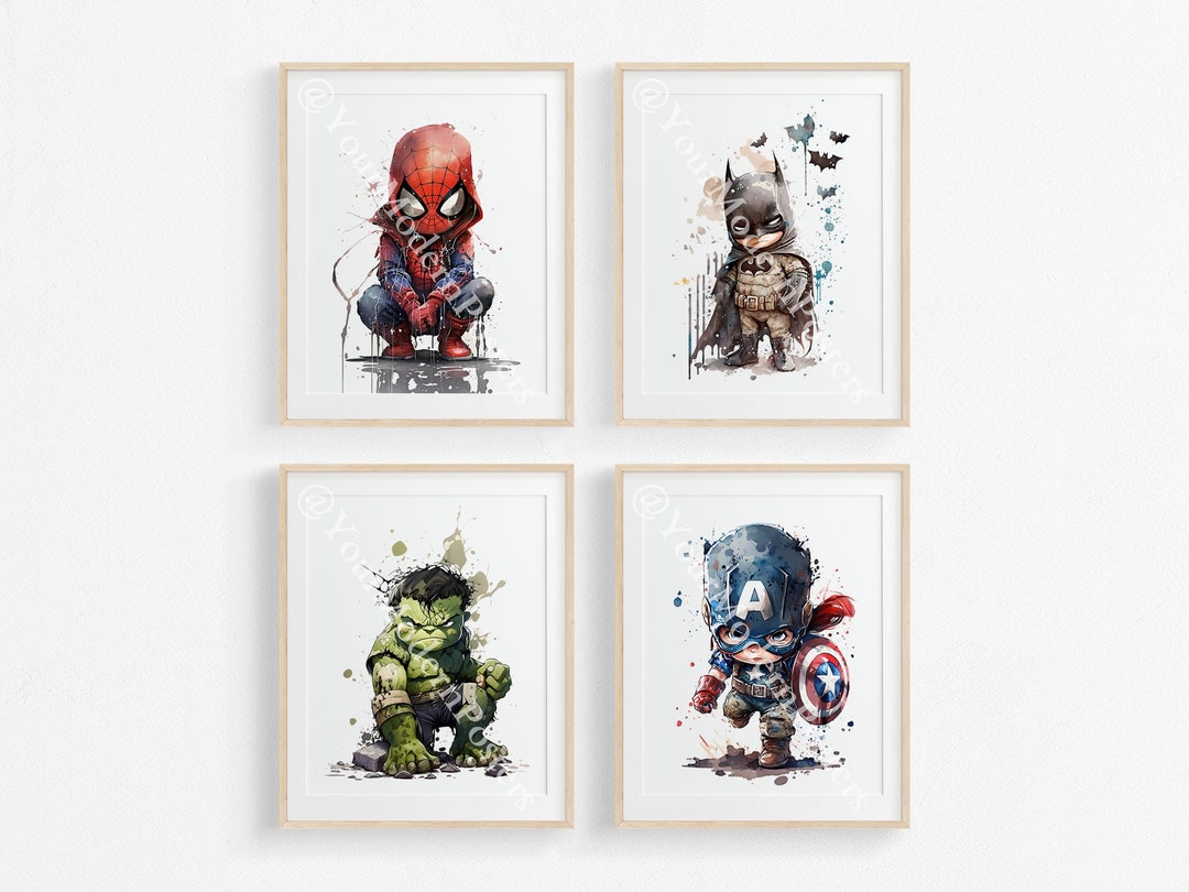 Set of 4 Superhero Watercolor Prints, Superhero Wall Art Decor, Nursery ...