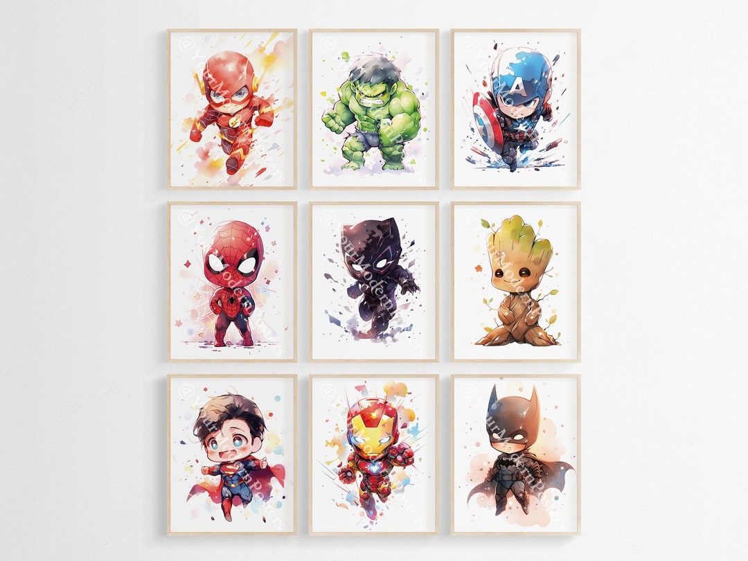 Chibi Superhero Prints - Superhero Wall Art Decor - Nursery Room Decor ...