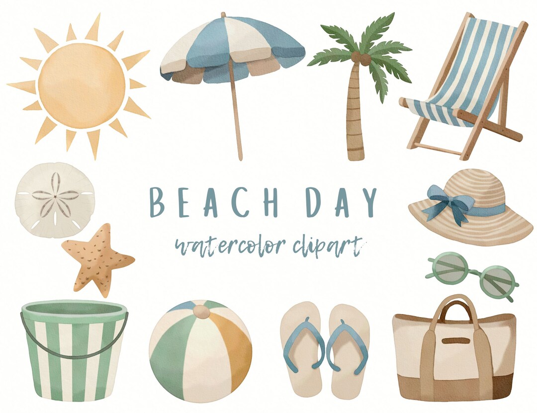 Beach Watercolor Clipart Bundle, Summer Theme PNG Files, Sun Shine ...