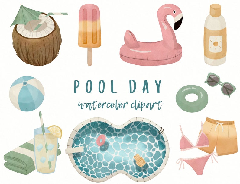 Summer Watercolor Clipart Bundle, Swimming Pool Party Theme PNG Files ...