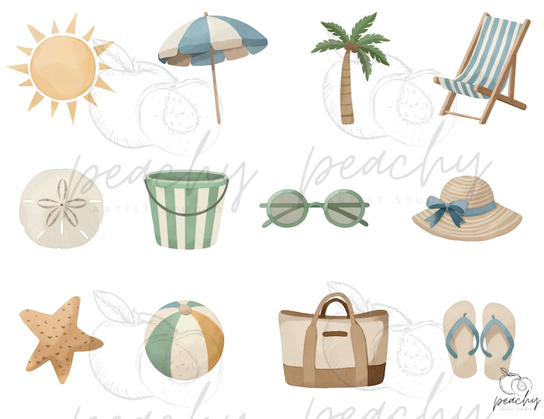 Beach Watercolor Clipart Bundle, Summer Theme PNG Files, Sun Shine ...