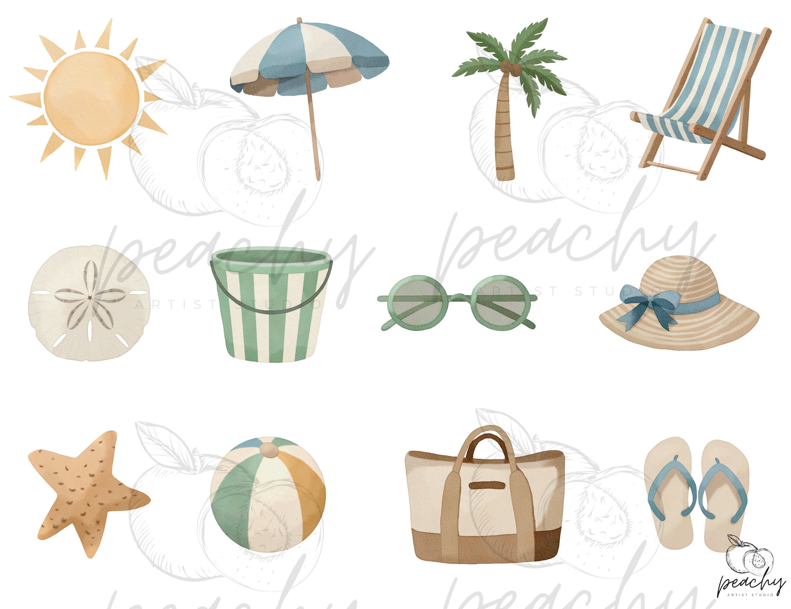 Beach Watercolor Clipart Bundle, Summer Theme PNG Files, Sun Shine ...