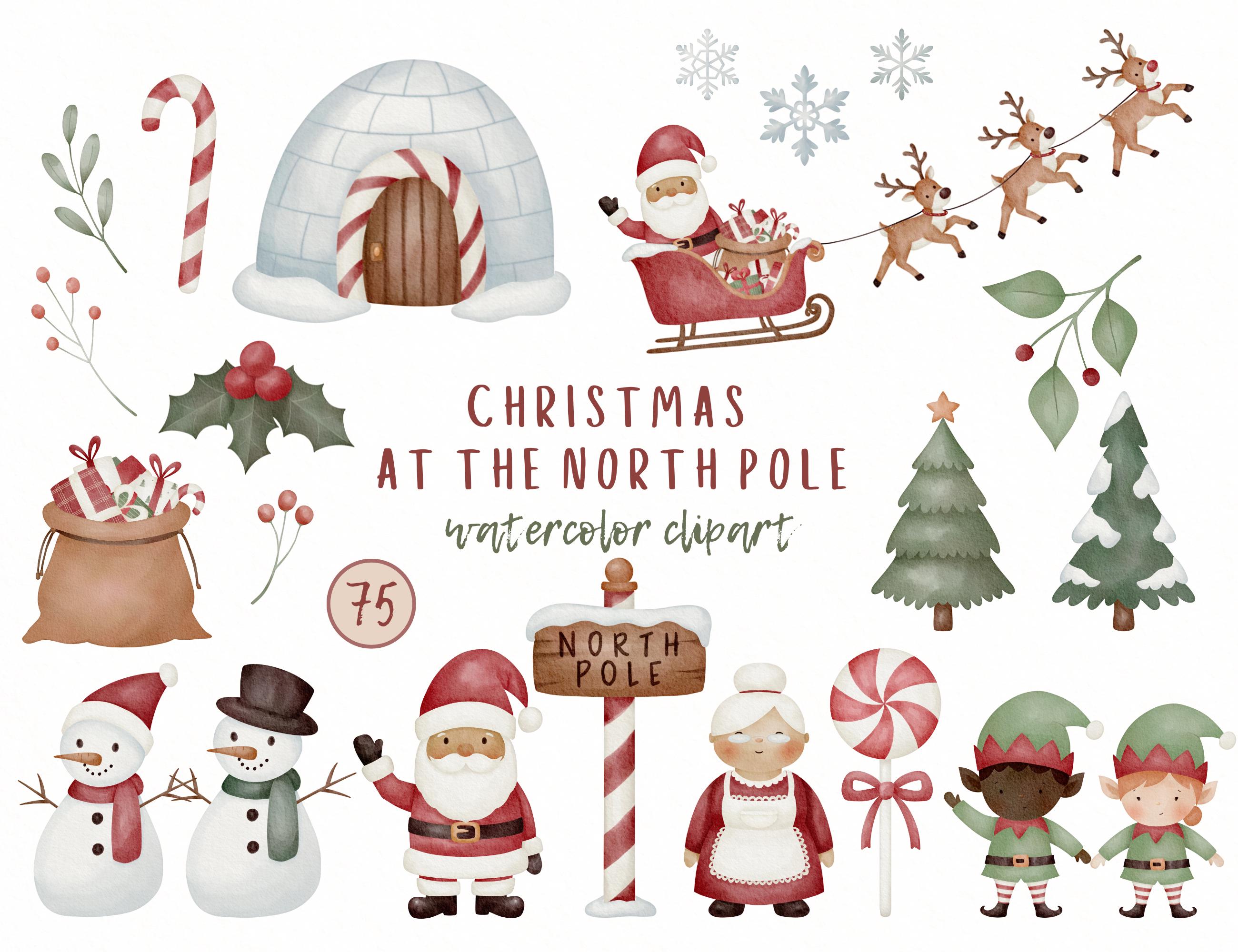 Watercolor North Pole Clipart Bundle, Christmas Theme PNG Files, Santa ...