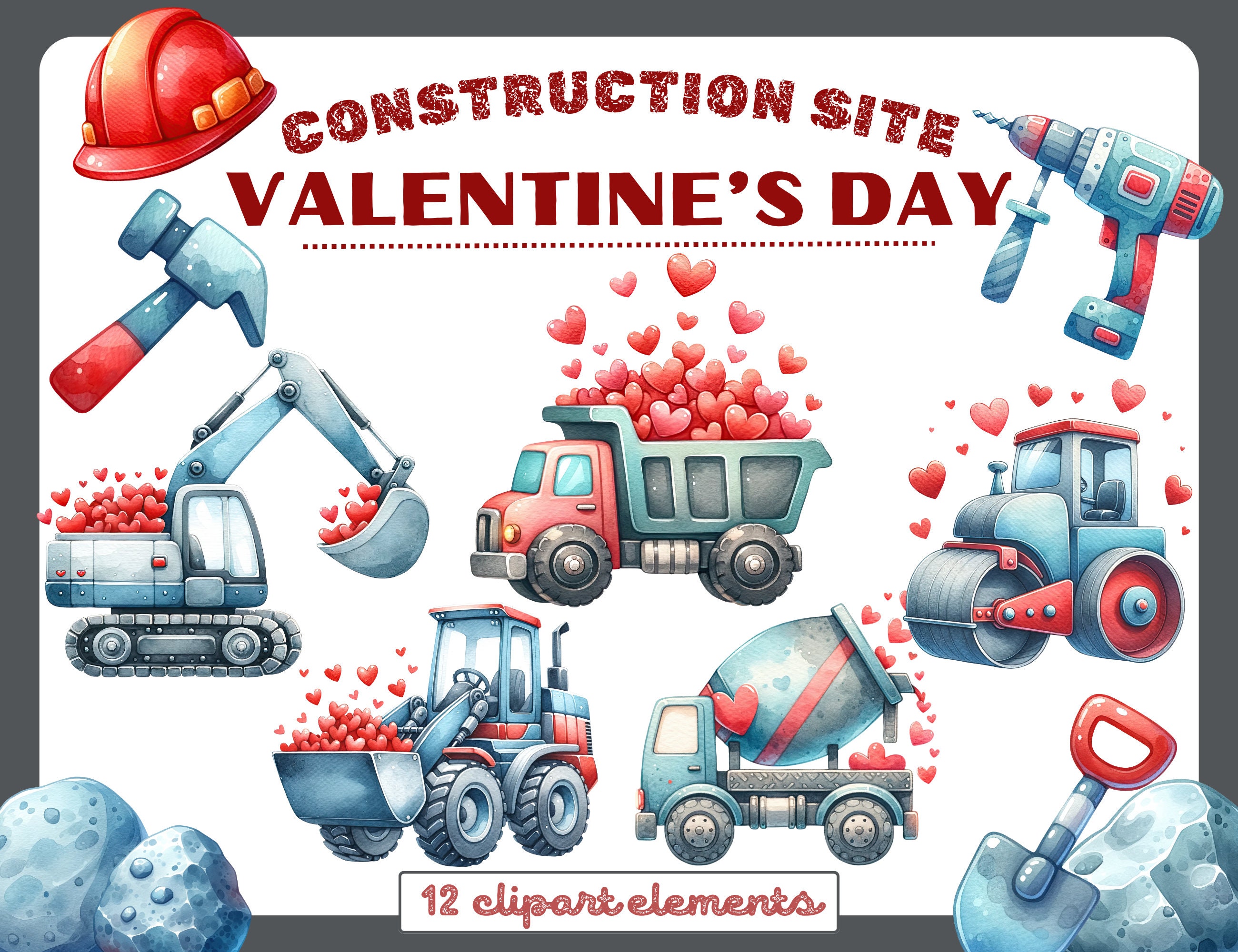 Watercolor Valentine's Day Construction Clipart Bundle, Constuction ...