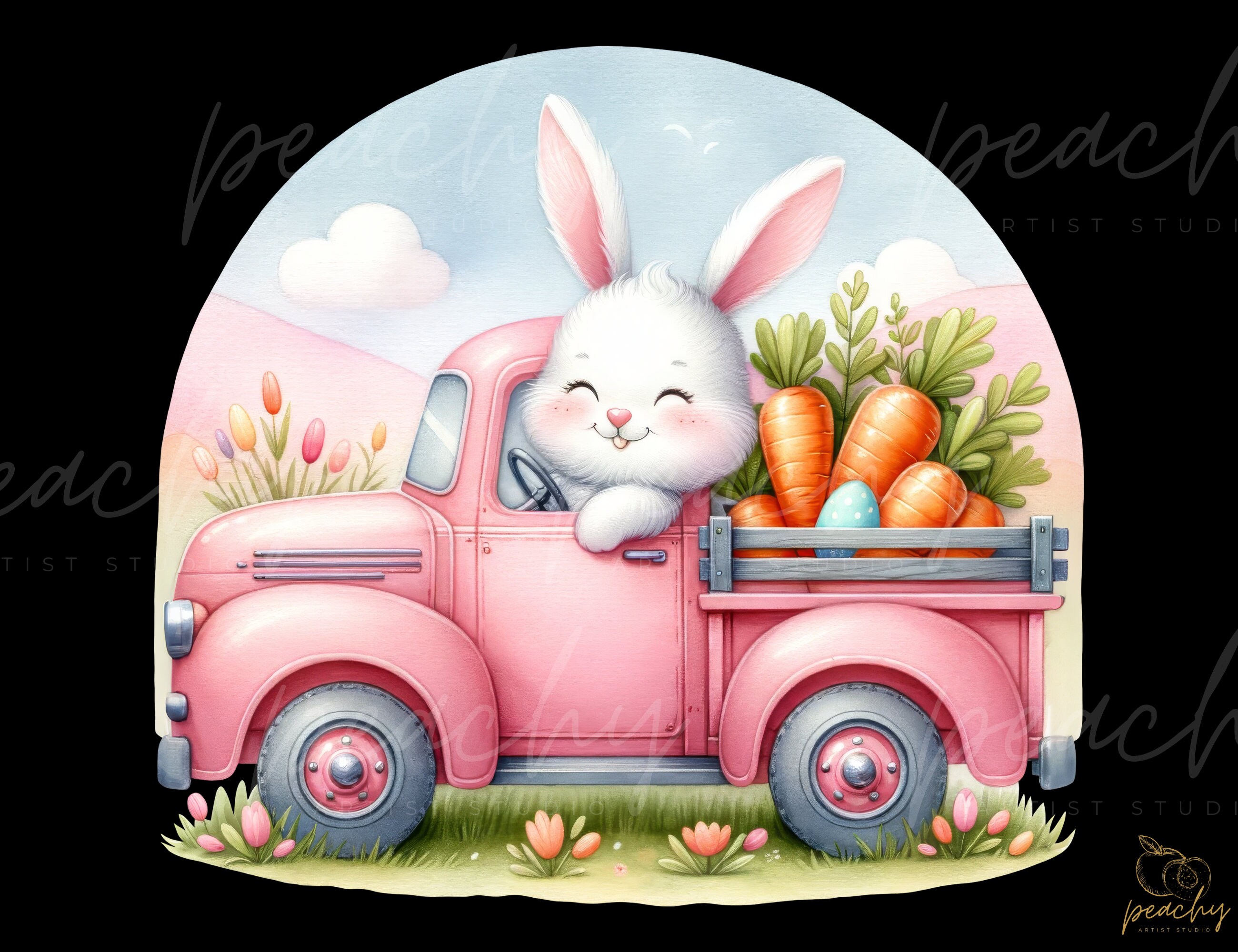 Watercolor Easter Bunny Truck Clipart, Pink Easter Truck PNG, Spring ...