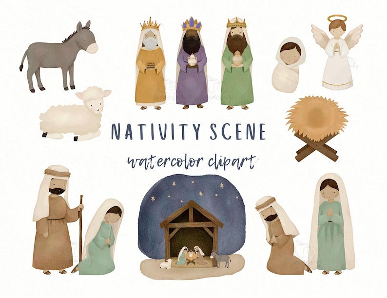 Watercolor Nativity Scene Clipart Bundle, Christmas Theme PNG Files ...