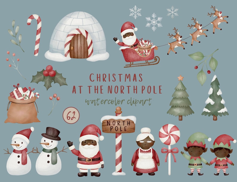Watercolor North Pole Clipart Bundle, Black Santa and Elves, Christmas ...