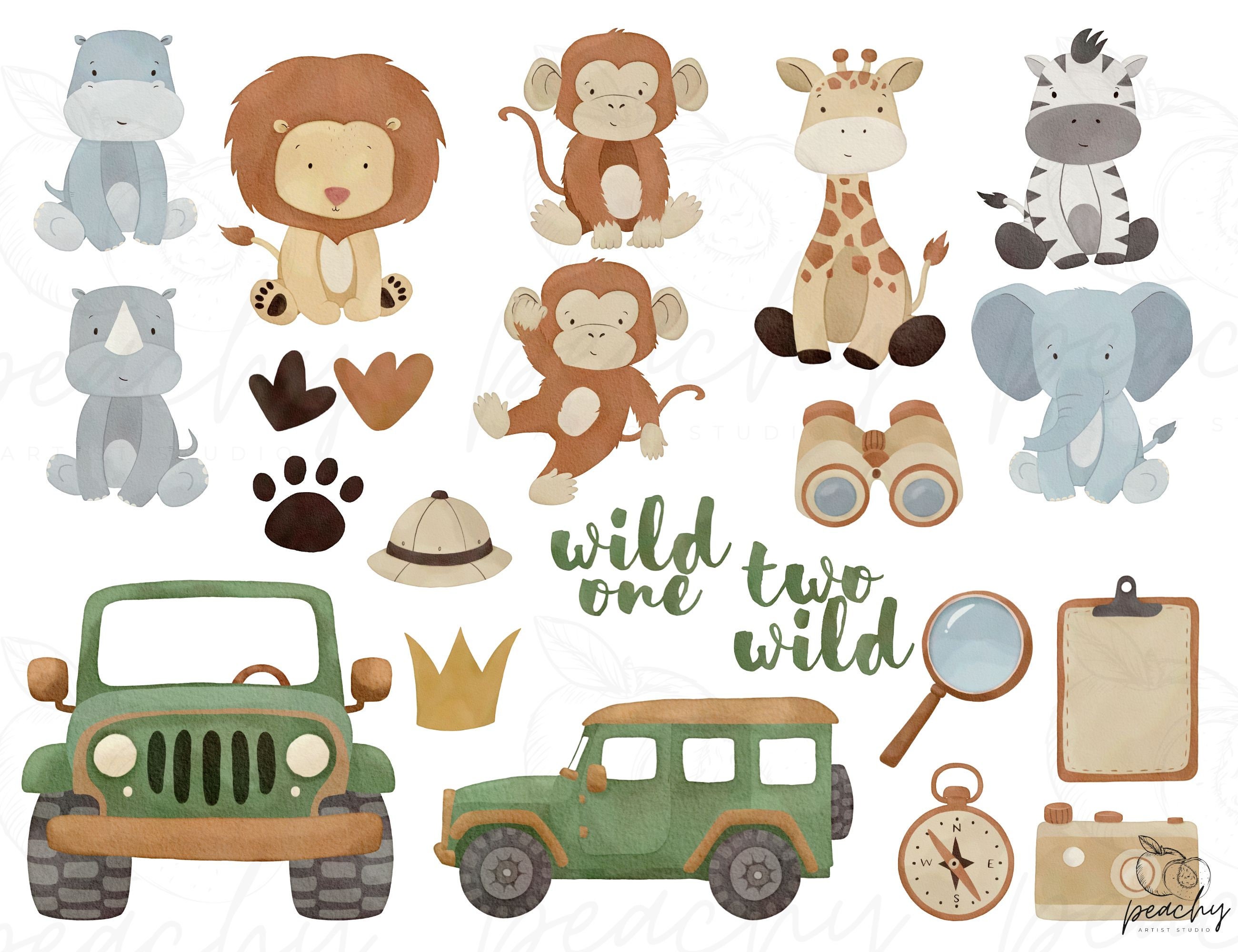 Safari Watercolor Clipart Bundle, Jungle Animals for Baby Shower and ...
